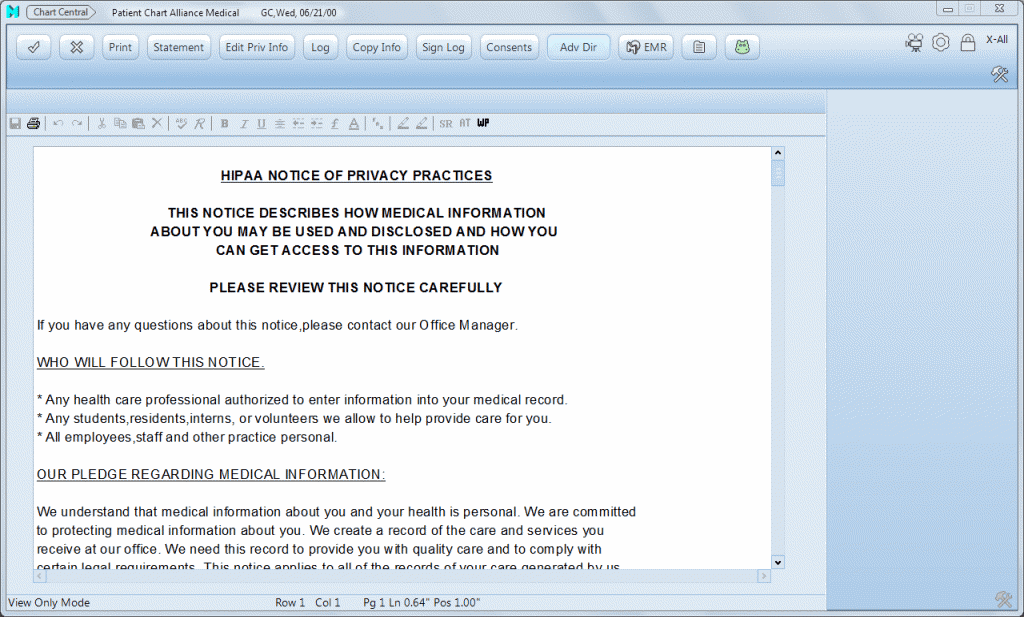 MEDENT HIPAA Statement Screenshot